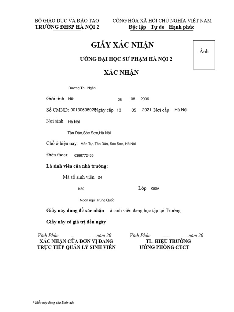 Giay Xac Nhan La Sinh Vien Cua Truong | PDF