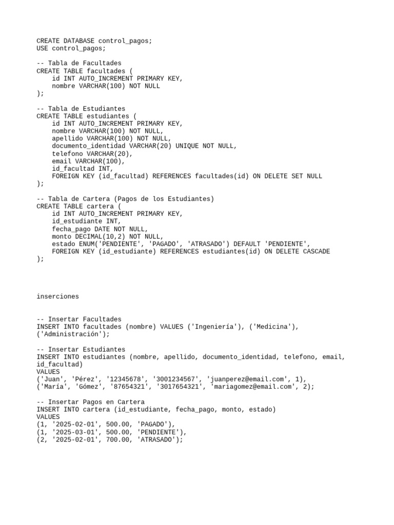 CREATE DATABASE Control - Pagos | PDF