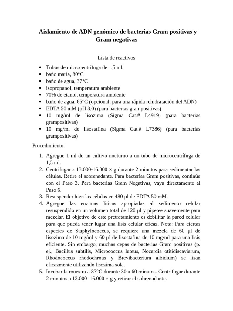 Aislamiento de ADN Genómico de Bacterias Gram Positivas y Gram ...