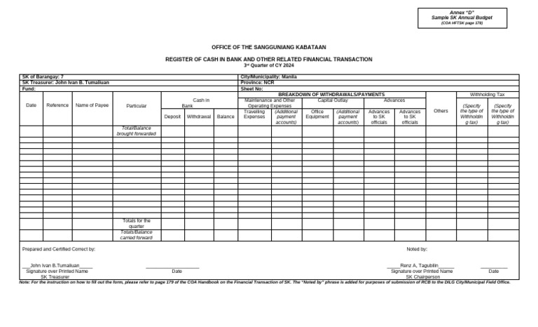 3.6 SK MC - ANNEX D Sample Register of Cash in Bank RCB and Other ...