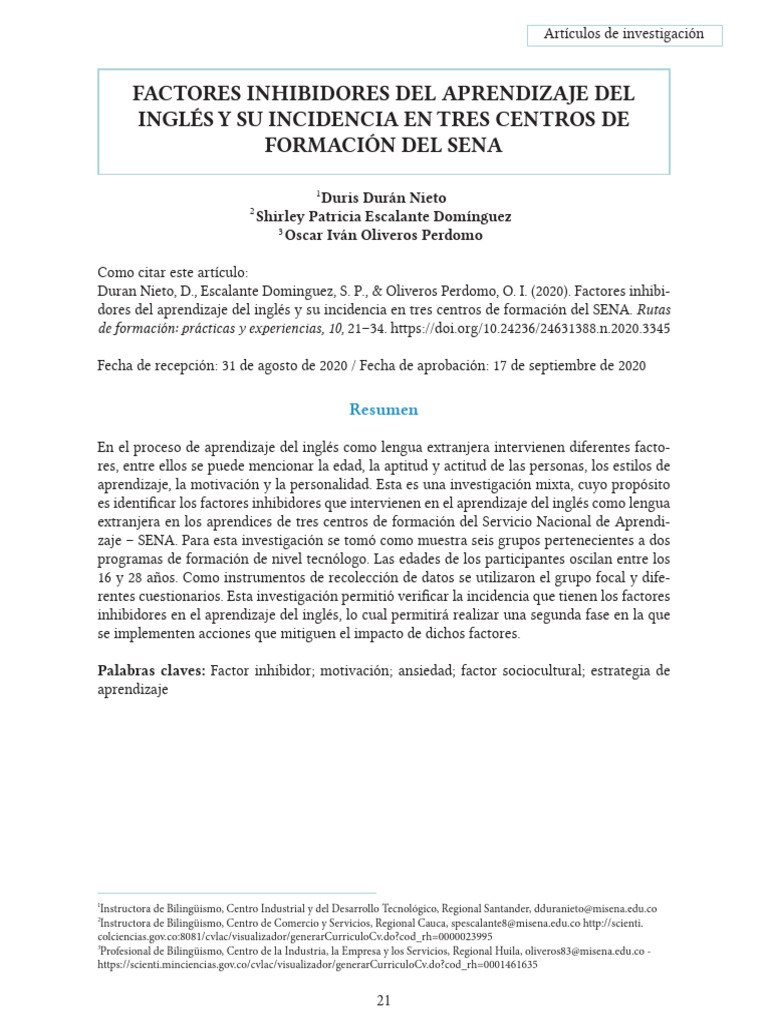 Factores Inhibidores | PDF | Segundo lenguaje | Aprendizaje