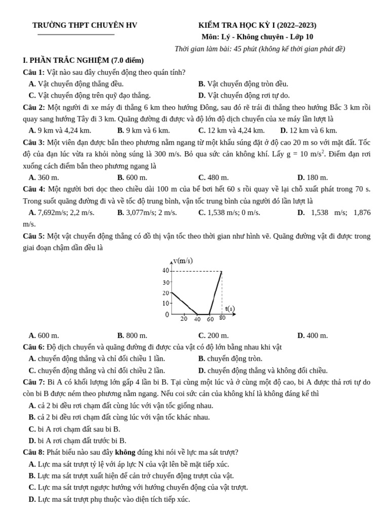 de Vat Ly 10 HK I-Thpt Chuyen Hung Vuong | PDF