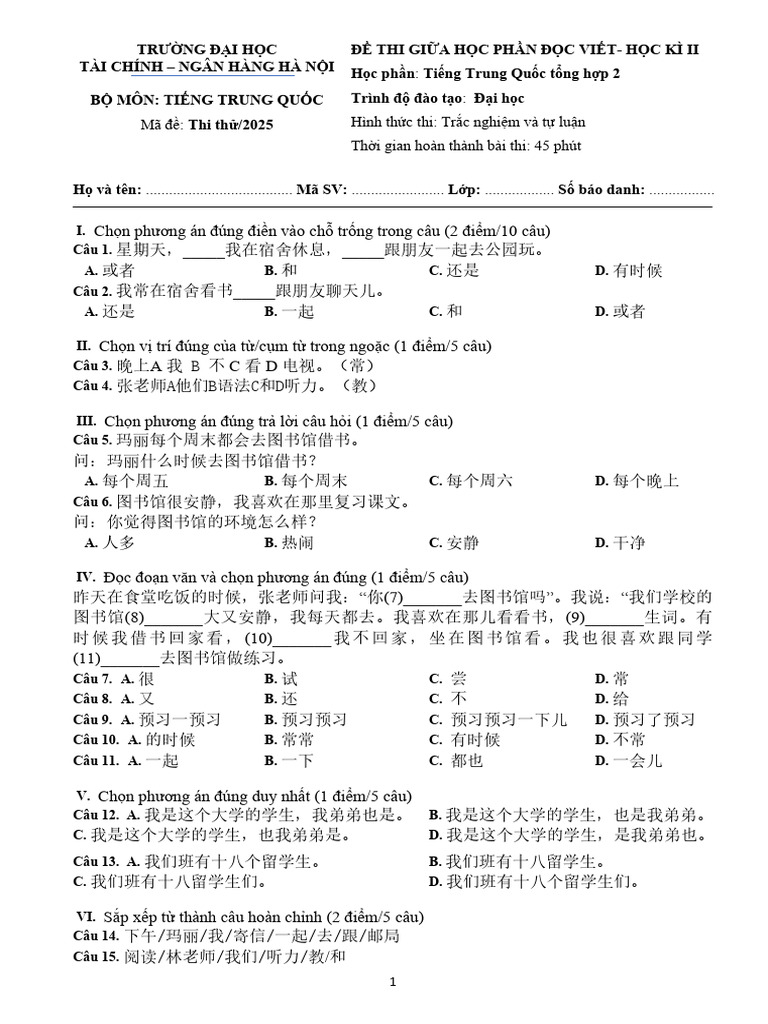 Đề thi thử GHP Đọc viết - TTQ tổng hợp 2 | PDF