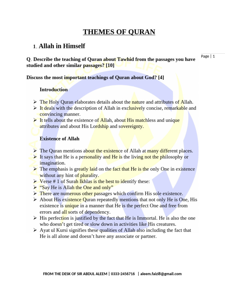 THEMES OF QURAN | PDF | Prophets And Messengers In Islam | God In Islam