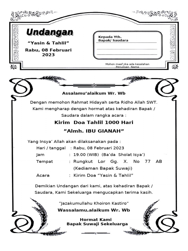 UNDANGAN - Doa Tahlilan | PDF
