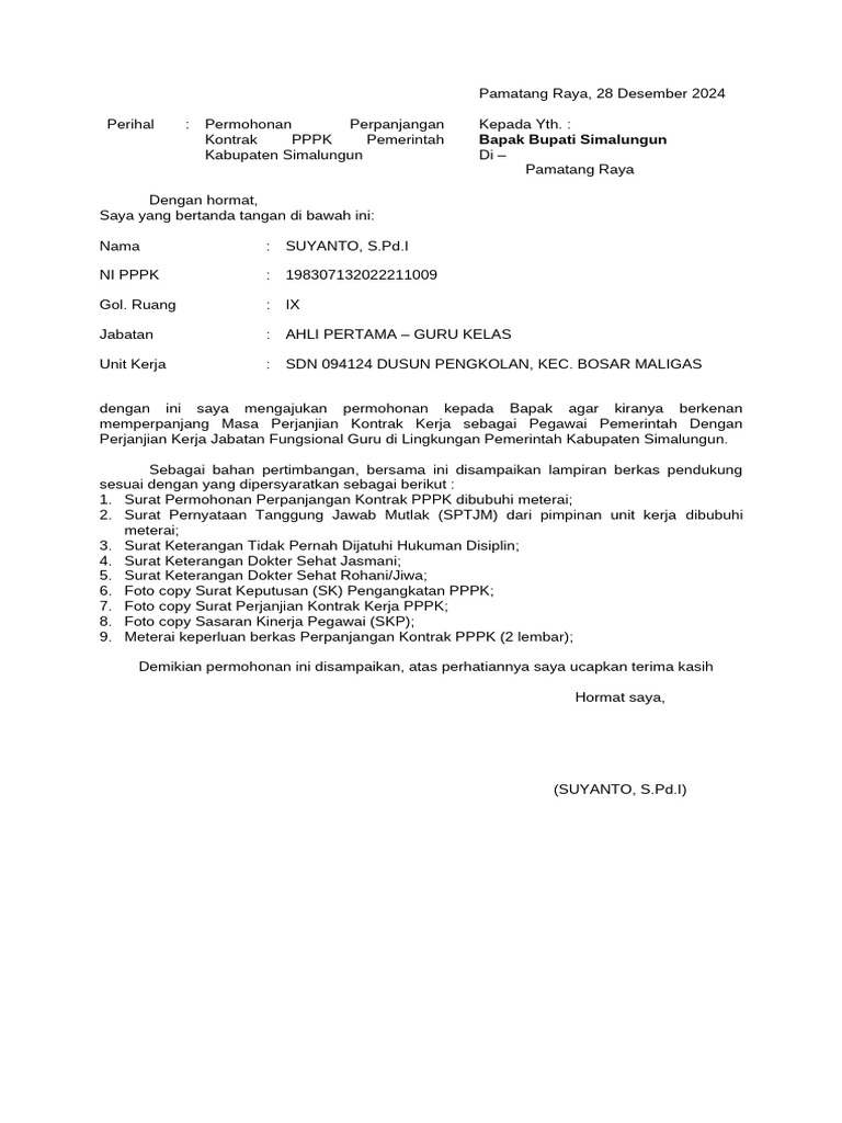 Template Surat Permohonan PPPK 2024 | PDF