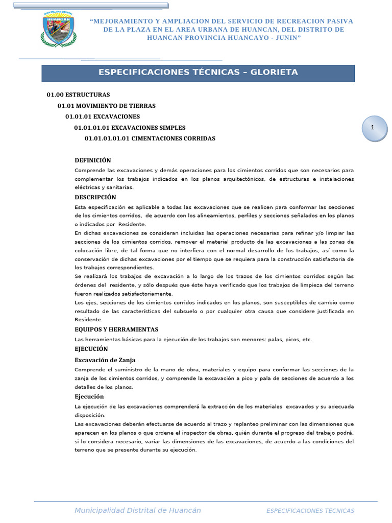 Esp. Tec. Glorieta Huancan | PDF | Hormigón | Cemento