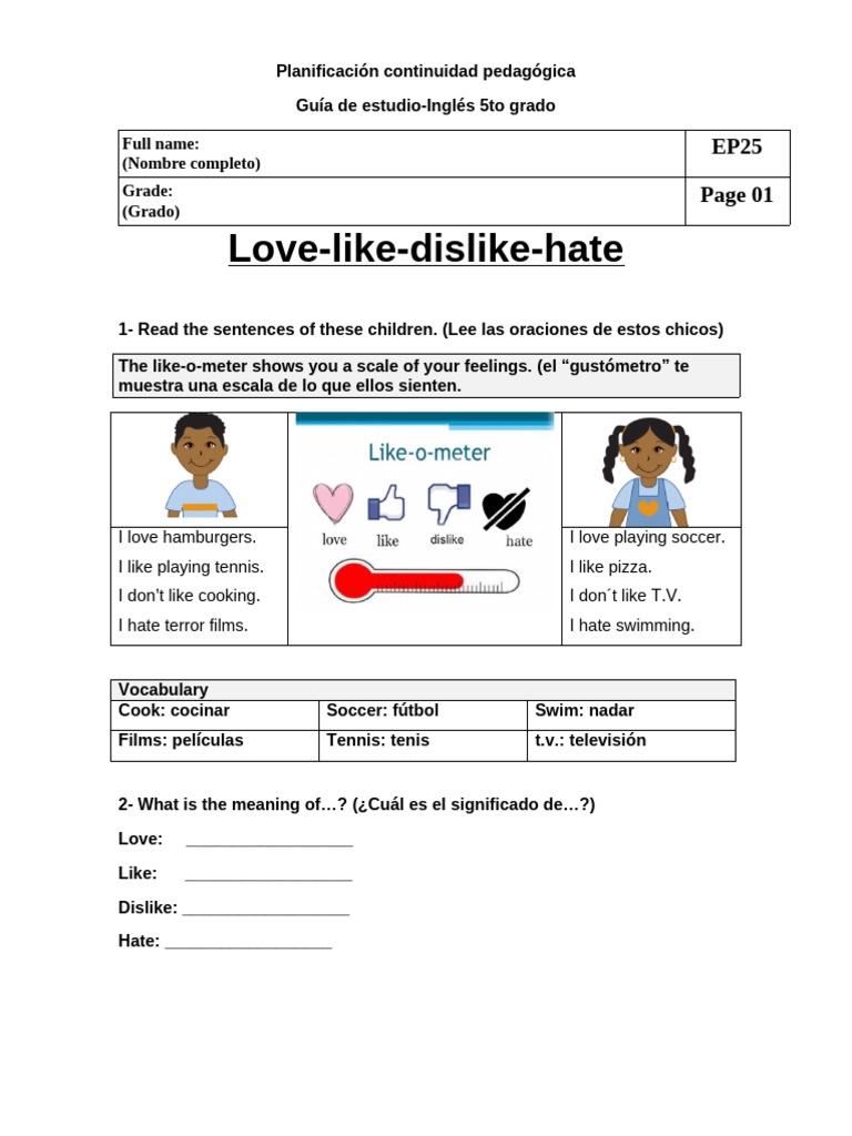 Sentimientos en inglés: Love y Like | PDF