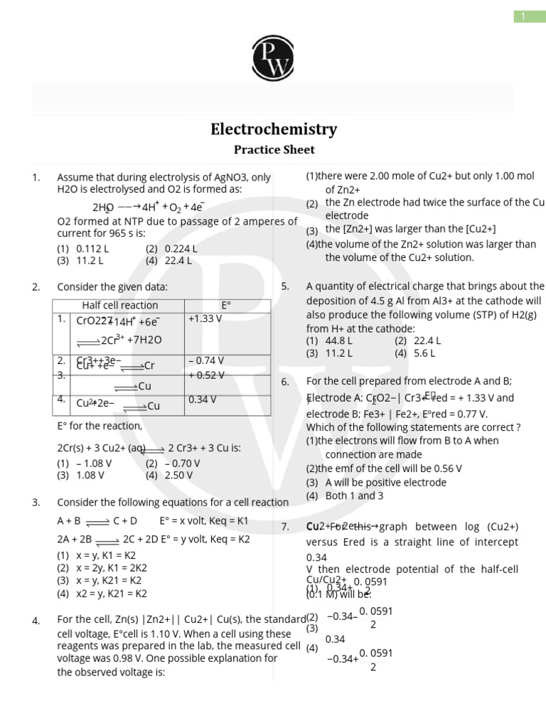Electrochemistry Practice Questions | PDF | Redox | Electrochemistry