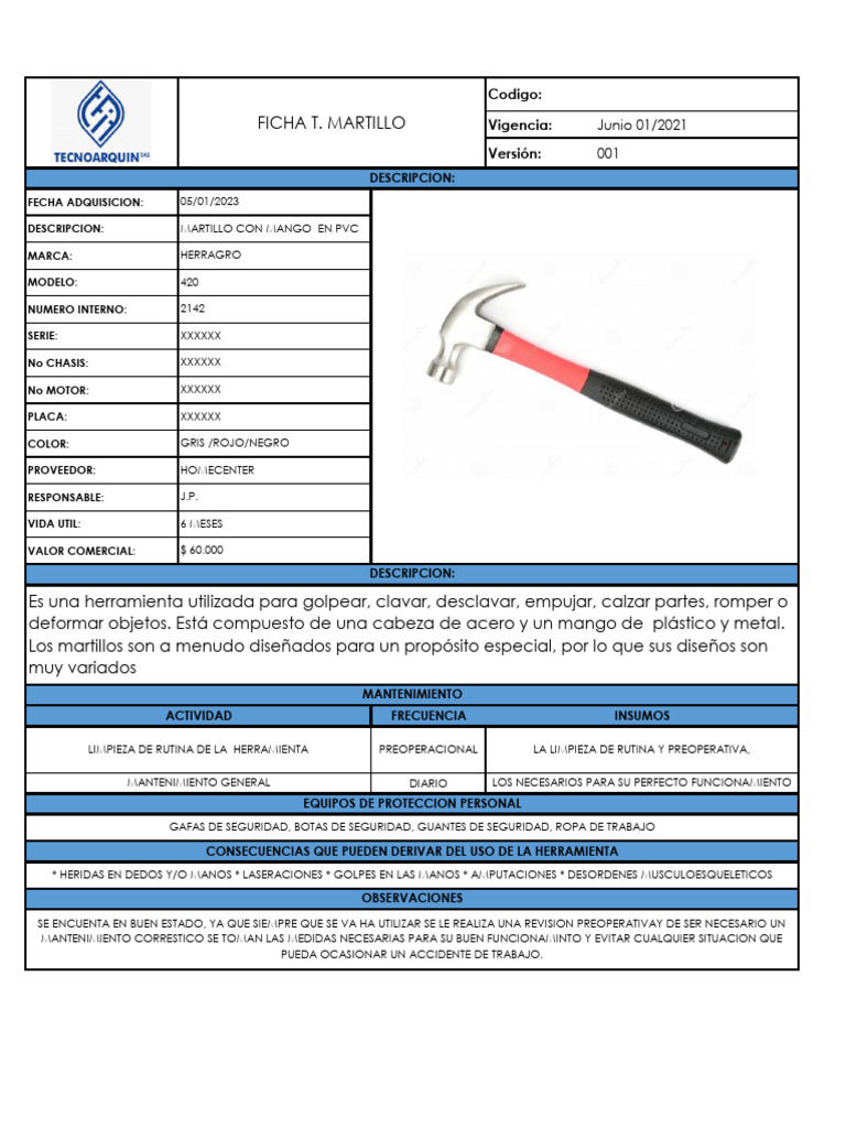 Ficha Técnica de Martillo | PDF