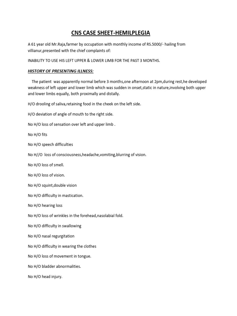 CNS CASE SHEET - Hemiplegia | PDF | Nervous System | Human Anatomy