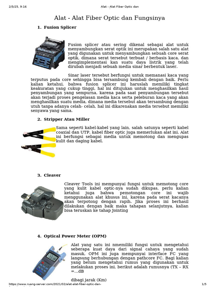 Alat - Alat Fiber Optic Dan Fungsinya | PDF