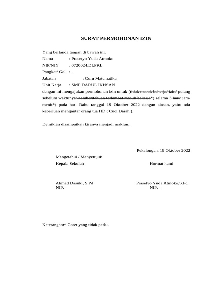 Permission Letter To The Headmaster by Prasetyo | PDF