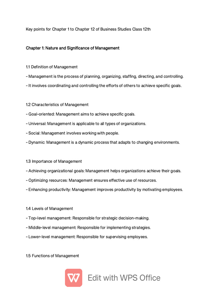 Key Points For Class 12 Business Studies-WPS Office | PDF | Marketing ...