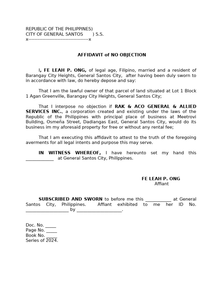 Affidavit of No Objection (City Hall) | PDF | Affidavit | Legal Procedure