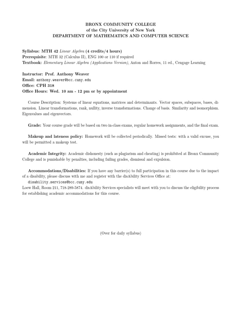 Sp25 Syllabus MTH 42 Weaver | PDF | Matrix (Mathematics) | Determinant