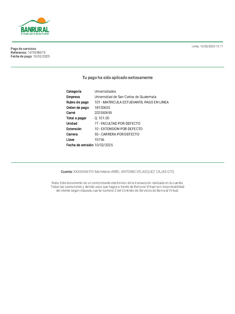 Comprobante de Pago USAC Banrural | PDF