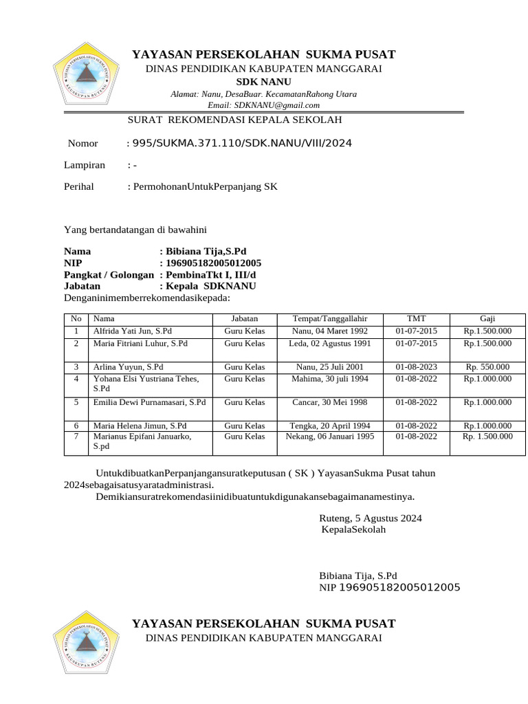 REKOMENDASI Perpanjang SK SDK NANU | PDF