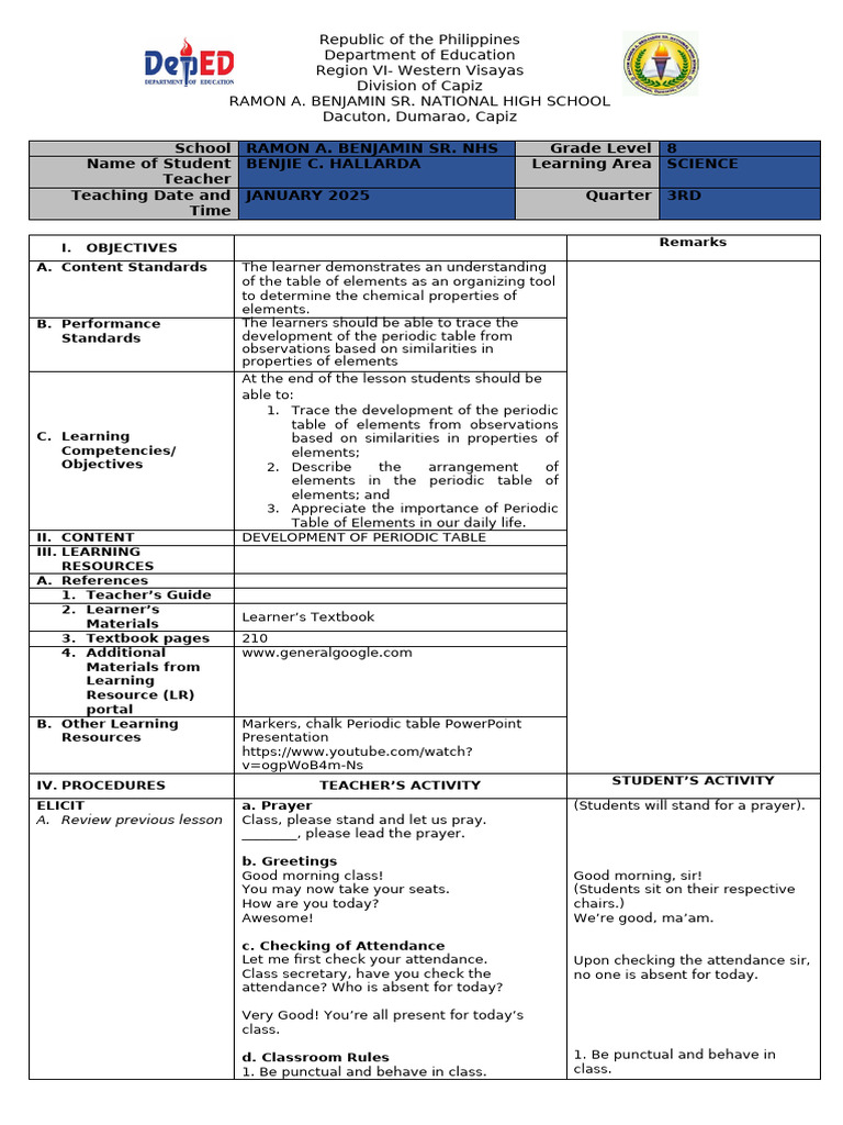 Grade 8 Science Lesson Plan | PDF | Periodic Table | Chemical Elements