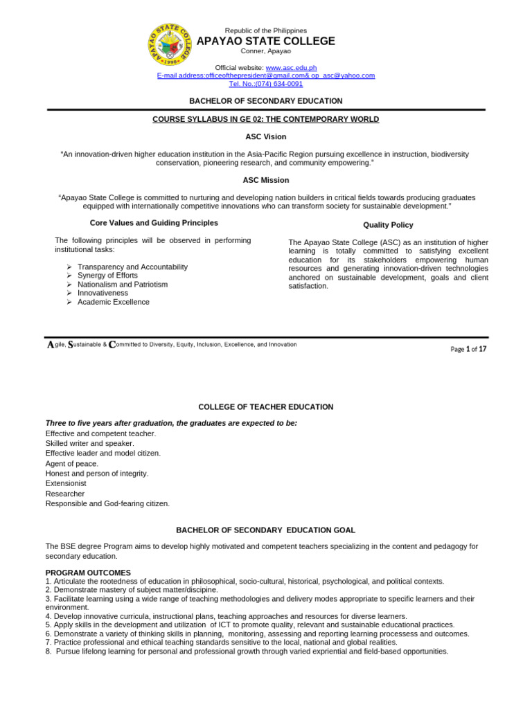 The Contemporary World Syllabus | PDF | Globalization | Teachers