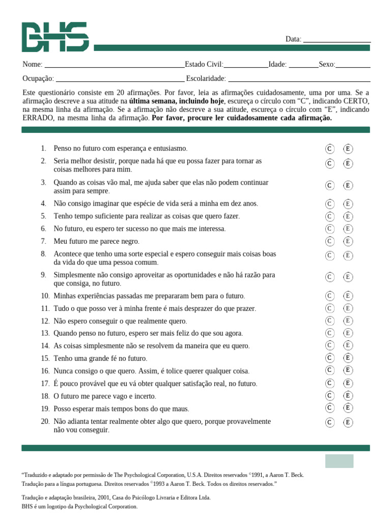 Escalas Beck Bdi Bai Bhs 1 | PDF | Prazer | Psicologia