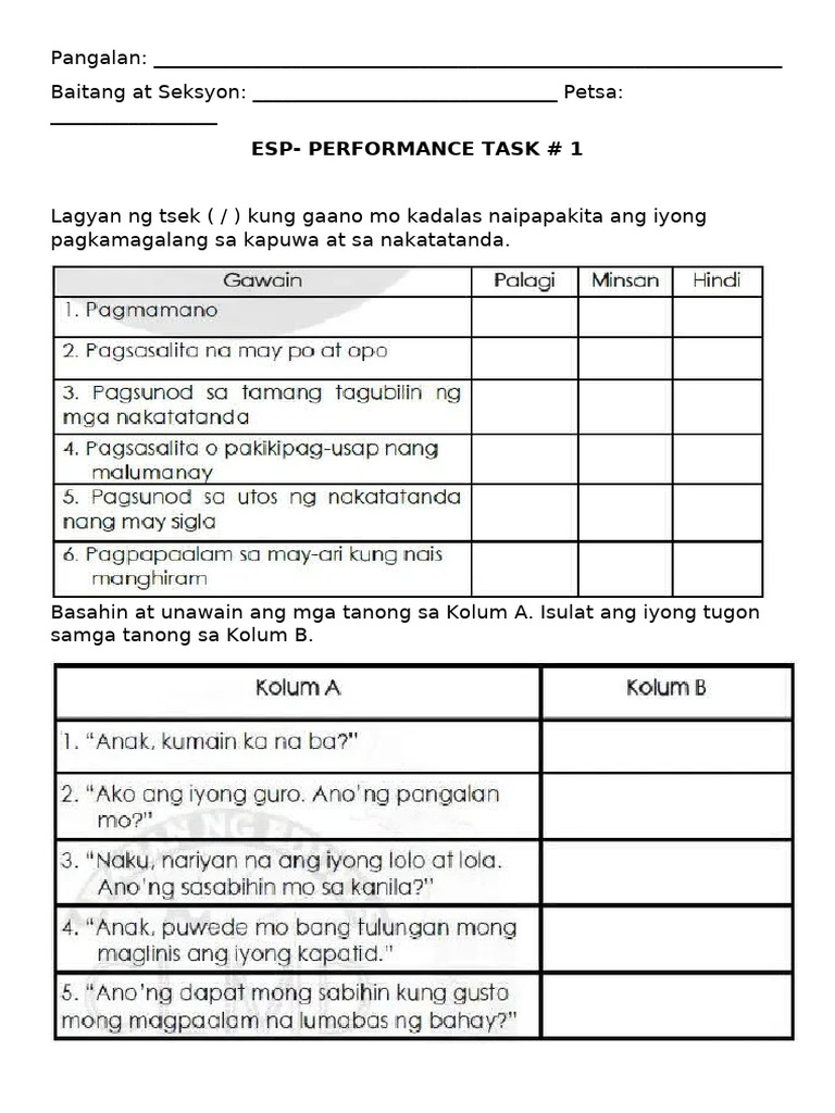 Performance Task Quarter 3 ESP | PDF