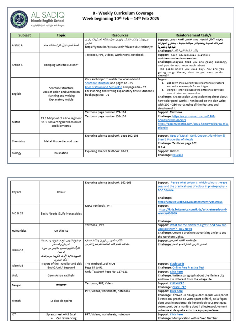 Weekly Curriculum Overview: Feb 2025 | PDF