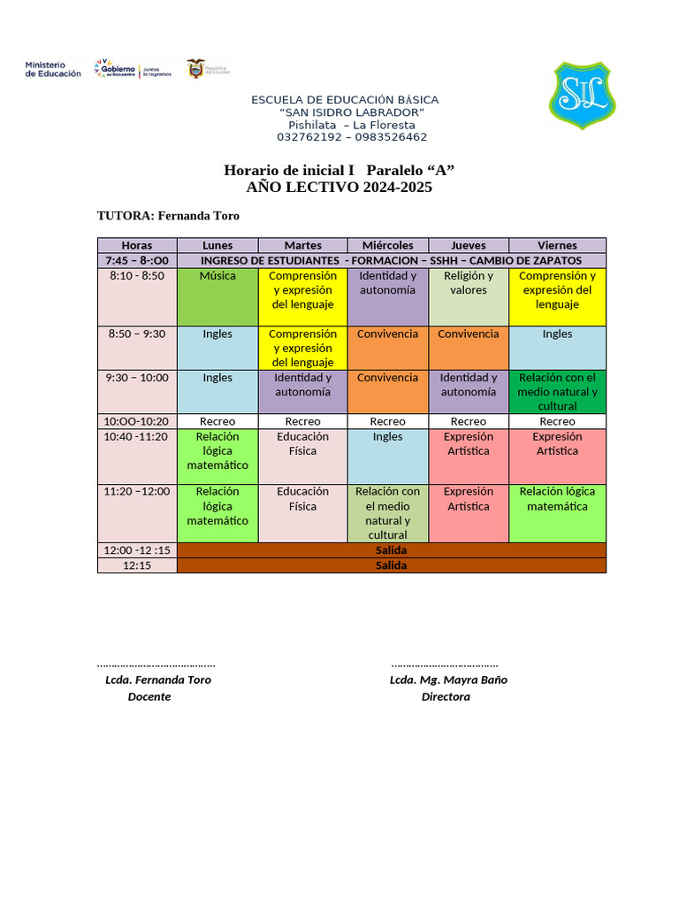 HORARIO INICIAL 1A 2024- 2025 | PDF HORARIO INICIAL 1A 2024- 2025 | PDF