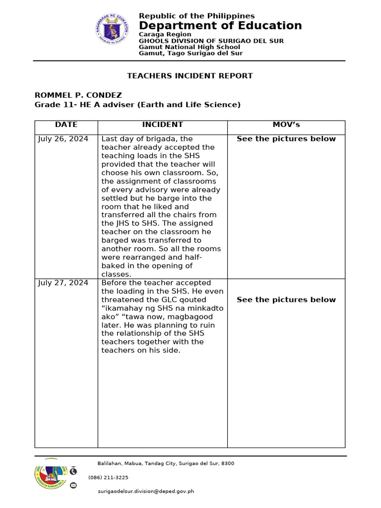 Teacher Misconduct Incident Report | PDF