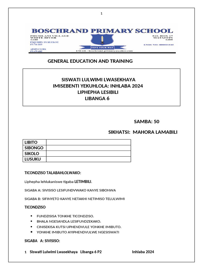 Siswati Inhlaba 2024 Grade 6 Paper 2 - 100849 | PDF | Rugby Union Teams ...