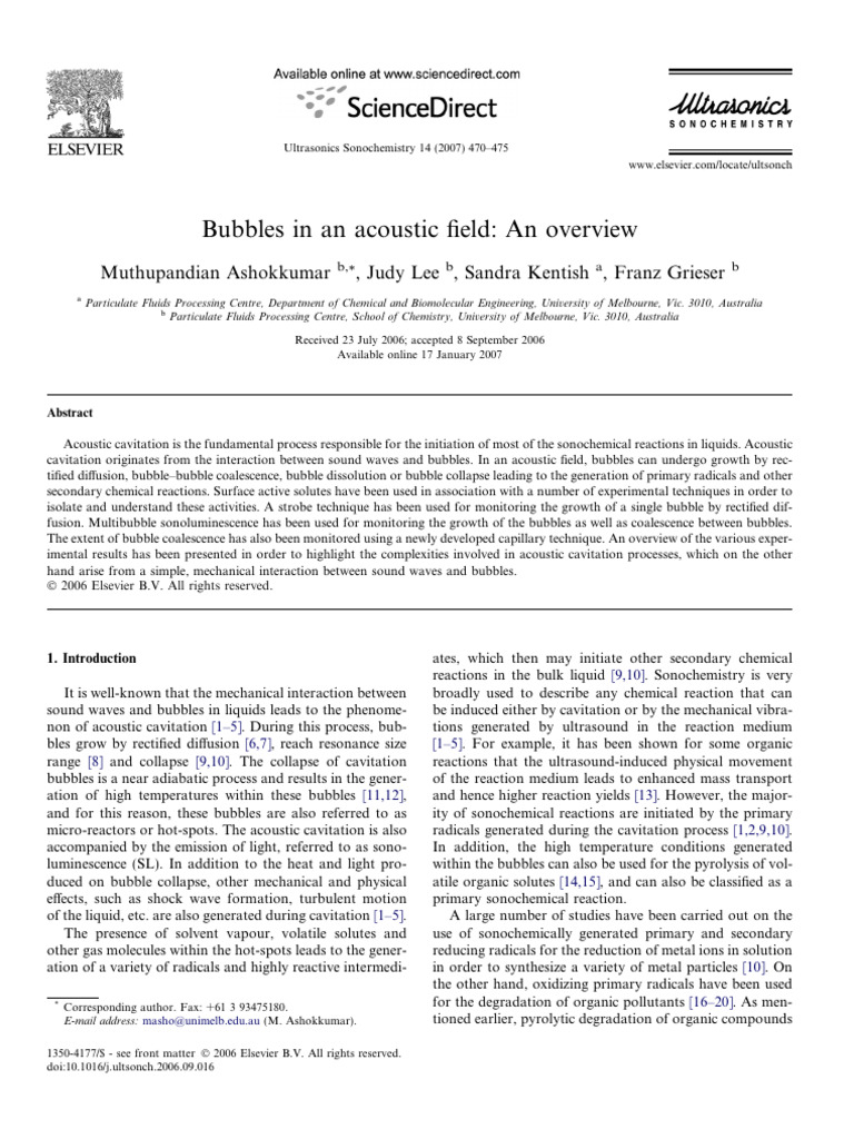 Overview of Acoustic Cavitation Bubbles | PDF | Ultrasound | Soft Matter