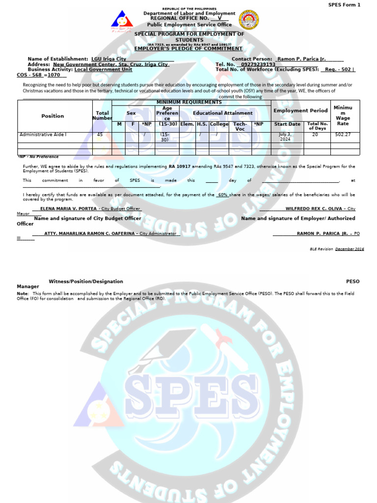 Spes Form 1 - Pledge of Commitment | PDF | Employment | Business