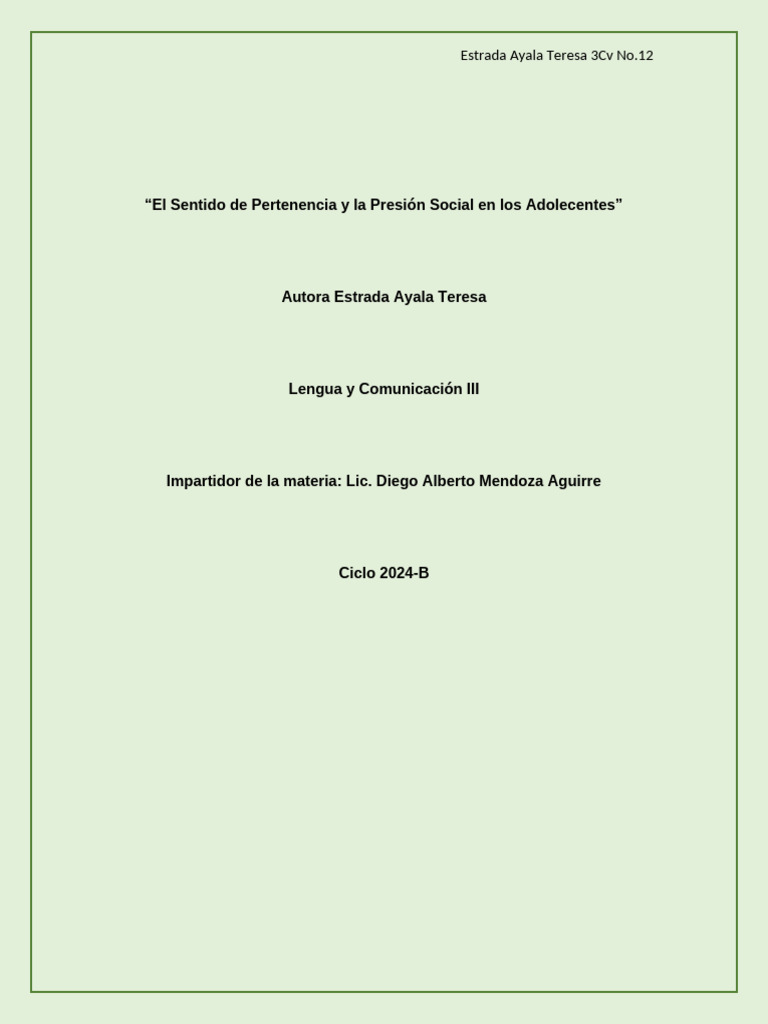 El Sentido de Pertenencia y La Presión Social en Los Adolecentes | PDF ...