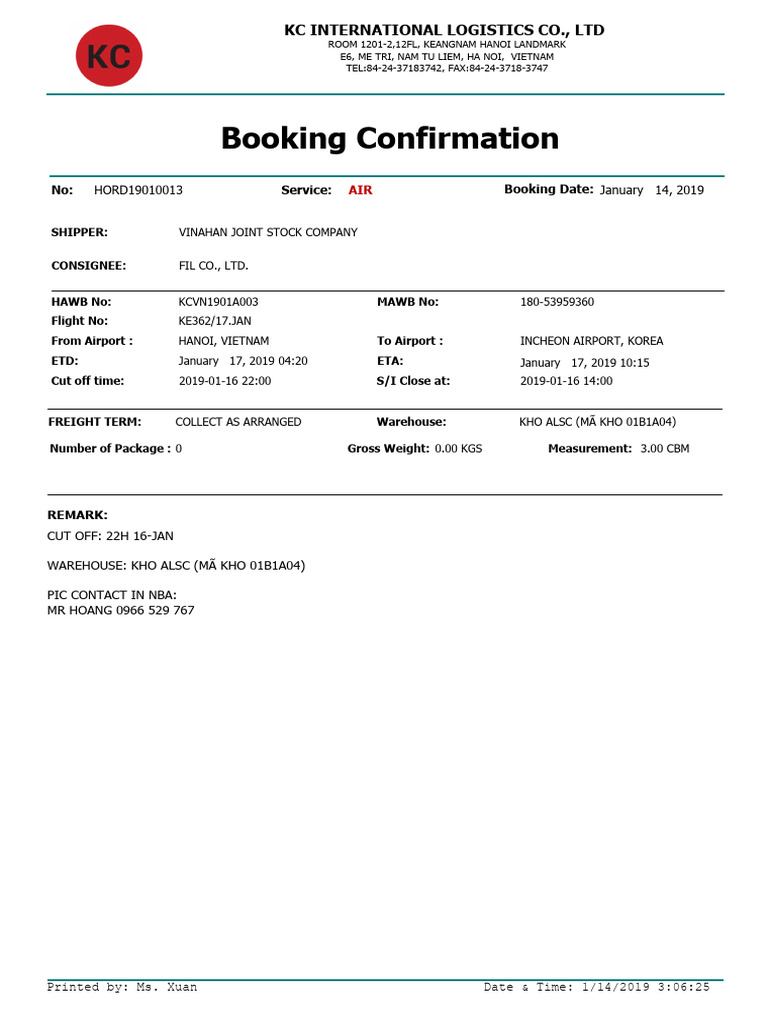Air Freight Booking Confirmation | PDF