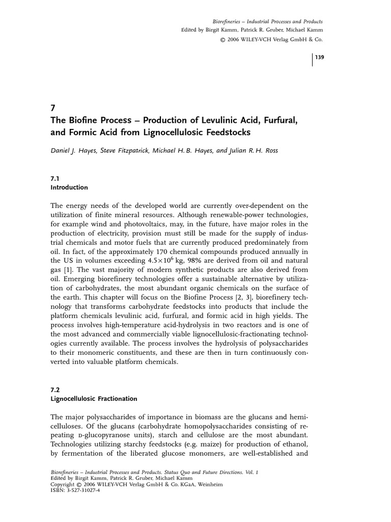 The Biofine Process - Production of Levulinic Acid, Furfural, and Formic Acid From ...