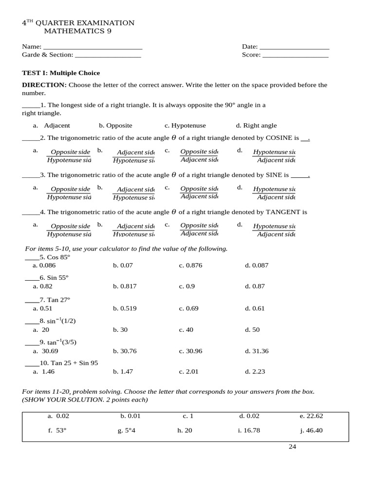 g9-4th Quarter Examination | PDF | Trigonometric Functions | Elementary ...