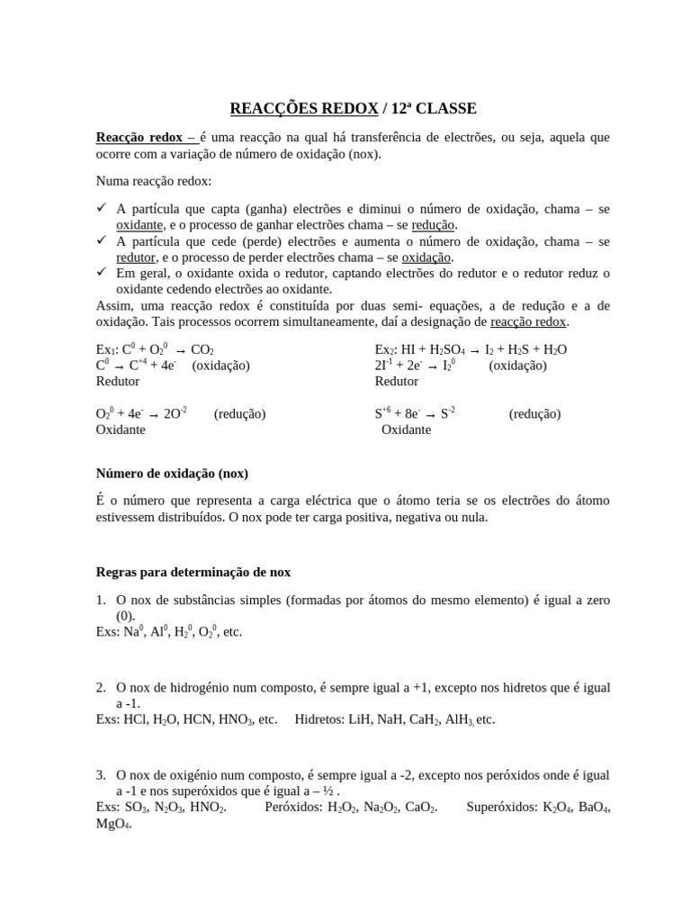 TEXTO DE APOIO REACÇÕES REDOX 12a. Classe 084202 | PDF | Reações ...