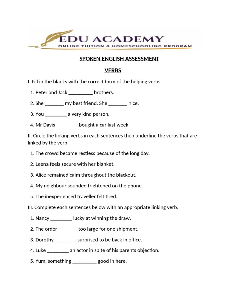 Verbs Assessment | PDF