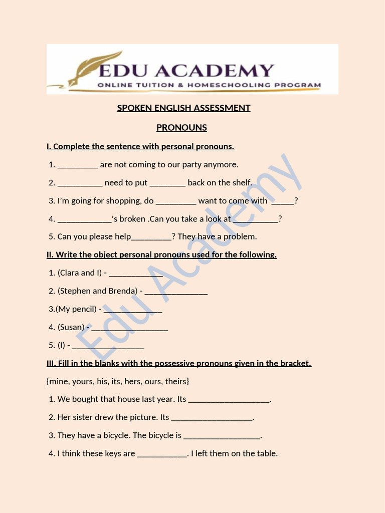 SPOKEN ENGLISH ASSESSMEN1 Pronouns | PDF