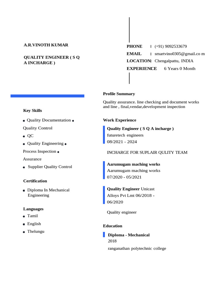A R Vinoth Kumar - Quality Control - 6 Yrs | PDF