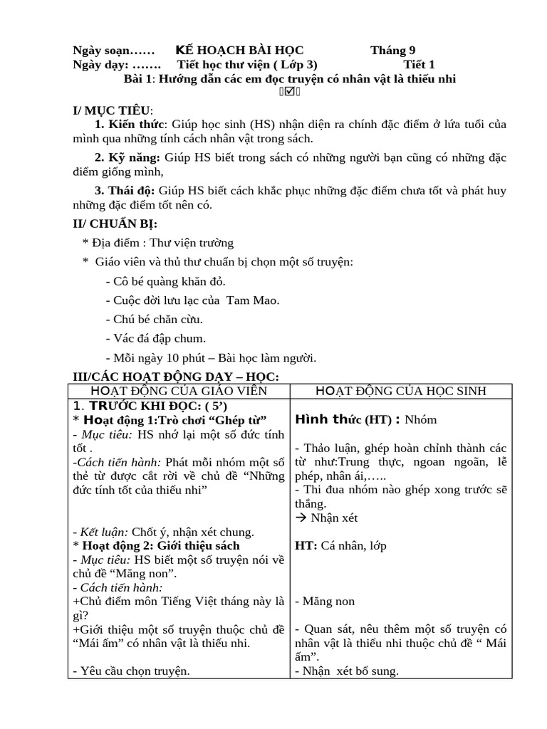 Giao An Tiet Doc Thu Vien Lop 3 | PDF