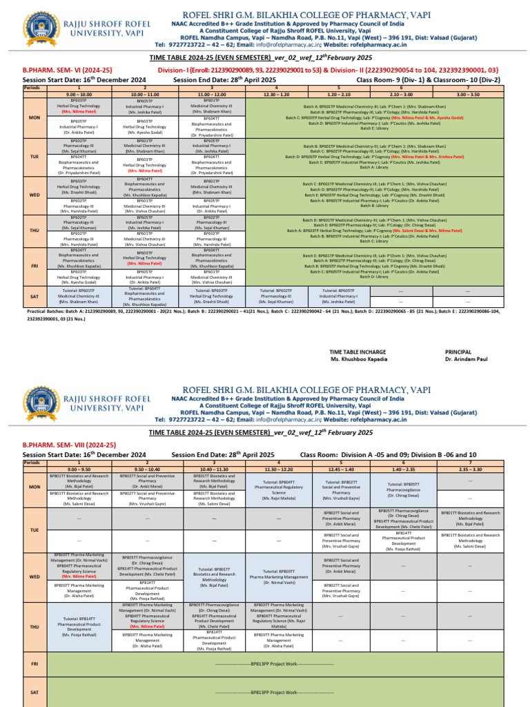 B.Pharm Even Semester Timetable 2024-25 | PDF | Pharmacy | Pharmaceutical Sciences