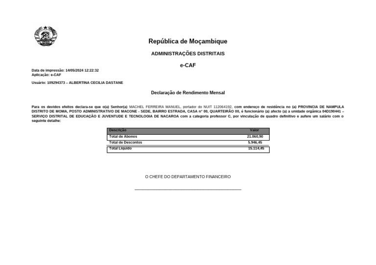 DECLARACAO DE RENDIMENTO MENSAL | PDF