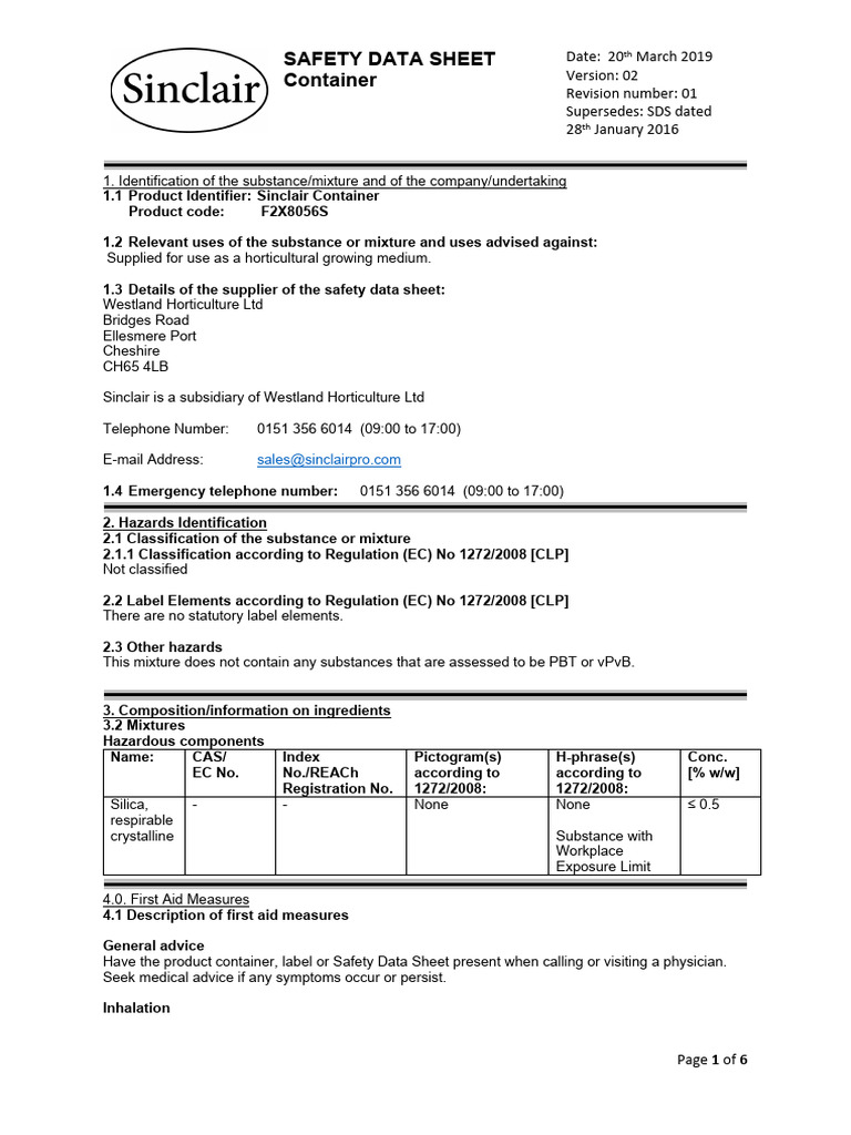 Sinclair Container F2X8056S MSDS Sheet 20 03 2019 1 | PDF | Firefighter ...