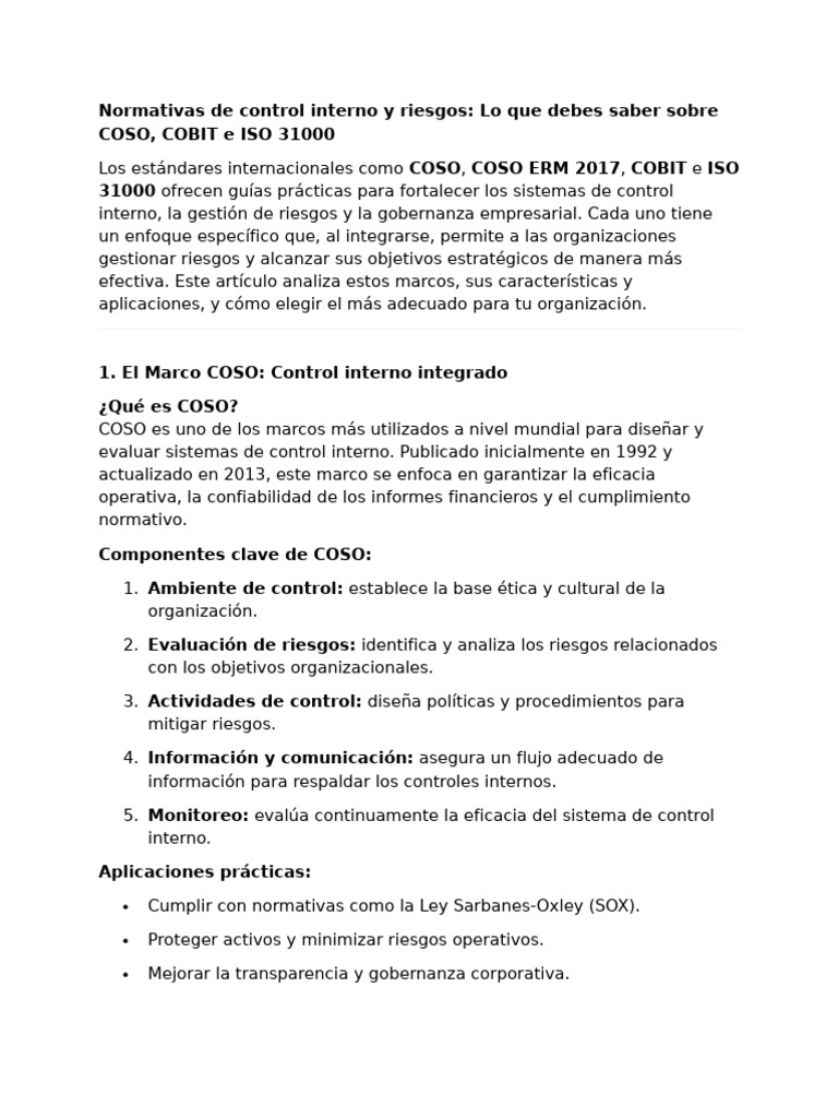 Normas COSO, COBIT e ISO 31000: Guía de Riesgos | PDF | Cobit | Gestión ...