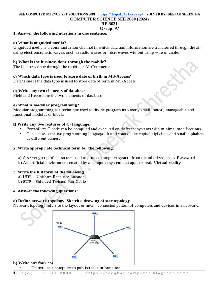 SEE Computer Science Solutions 2081 | PDF | Intelligence (AI ...
