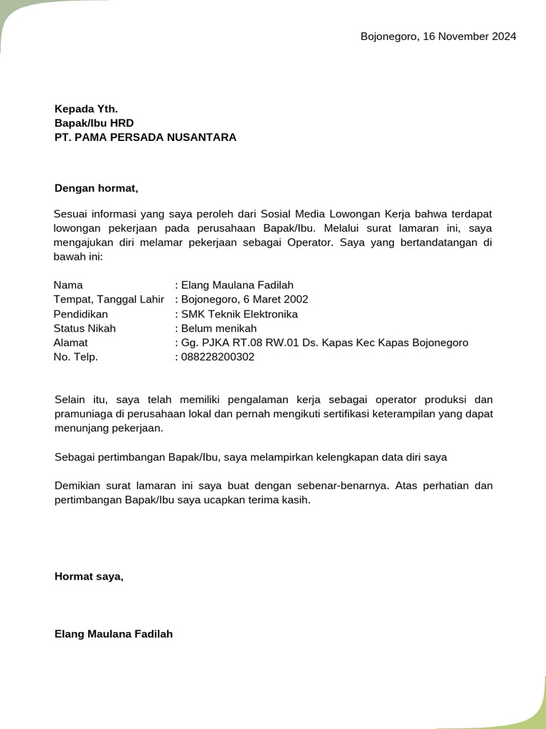 Surat Lamaran Kerja Pama | PDF