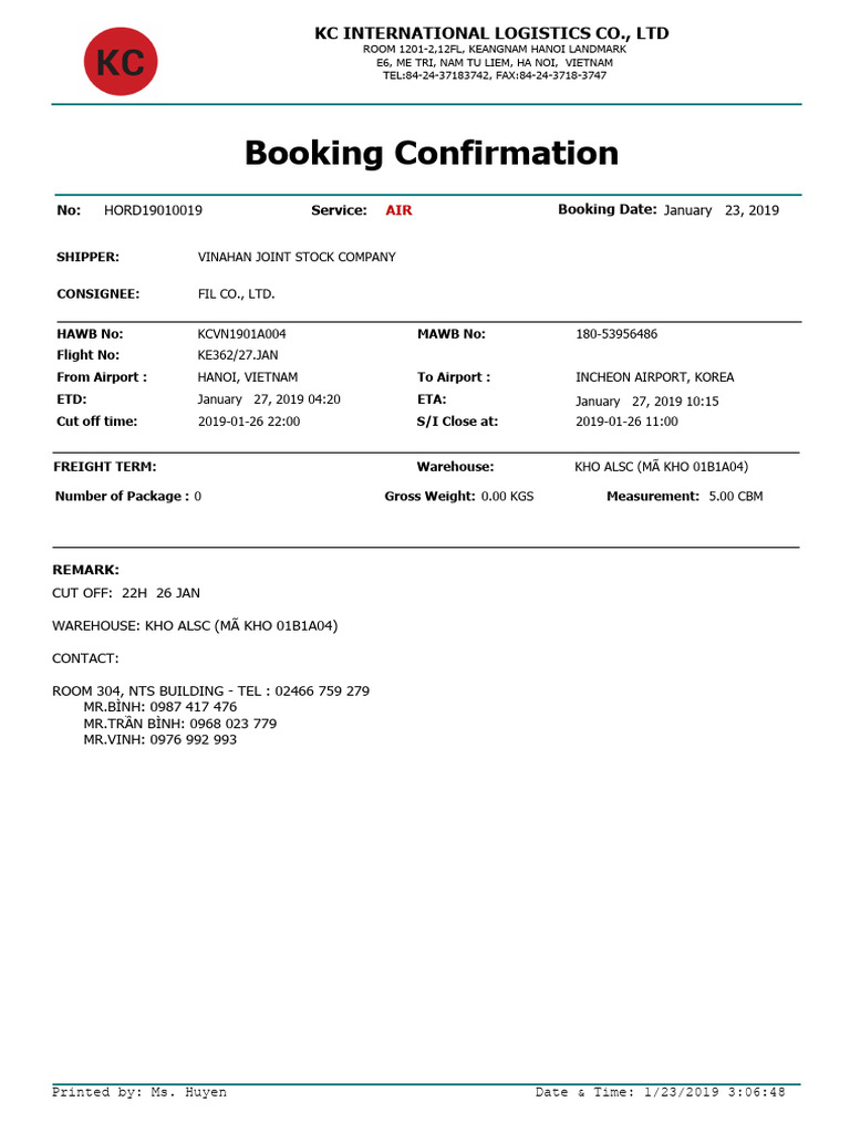 Air Freight Booking Confirmation | PDF