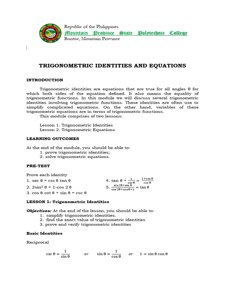 Trigonometric Identities | PDF | Trigonometric Functions | Equations
