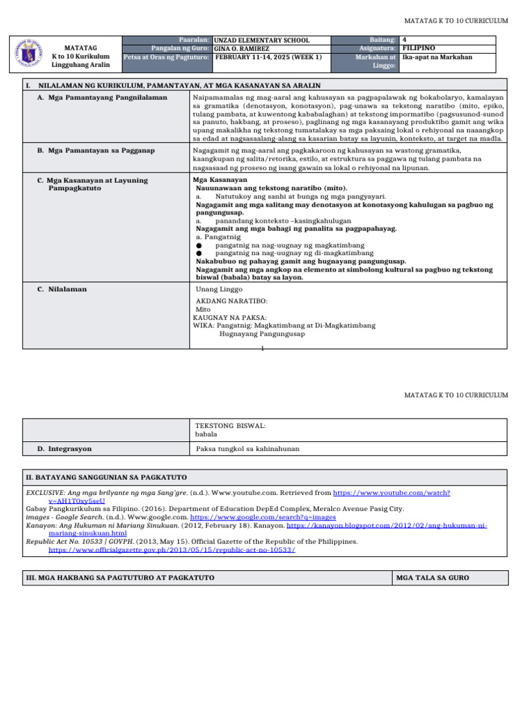 DLL Matatag - Filipino 4 Q4 W1 | PDF